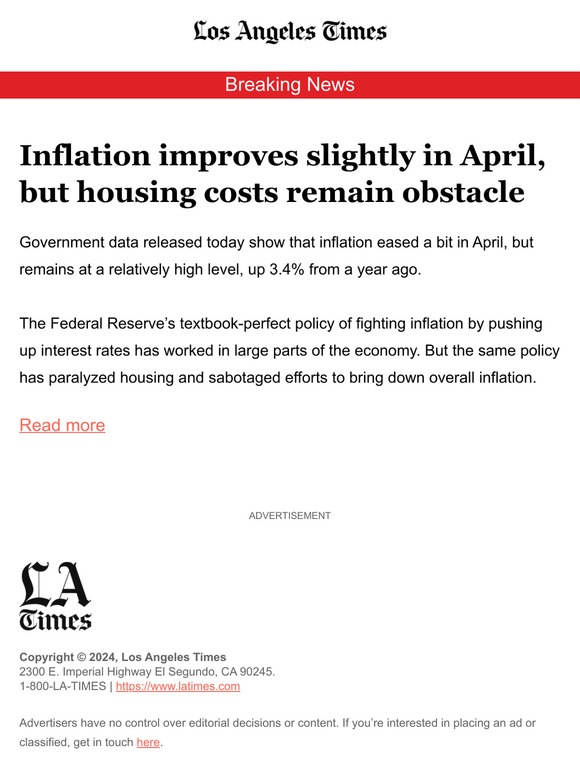Los Angeles Times: Inflation improves slightly in April, but housing ...