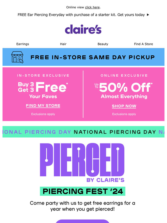 Claire's: Happy National Piercing Day! Get free earrings for a YEAR ...
