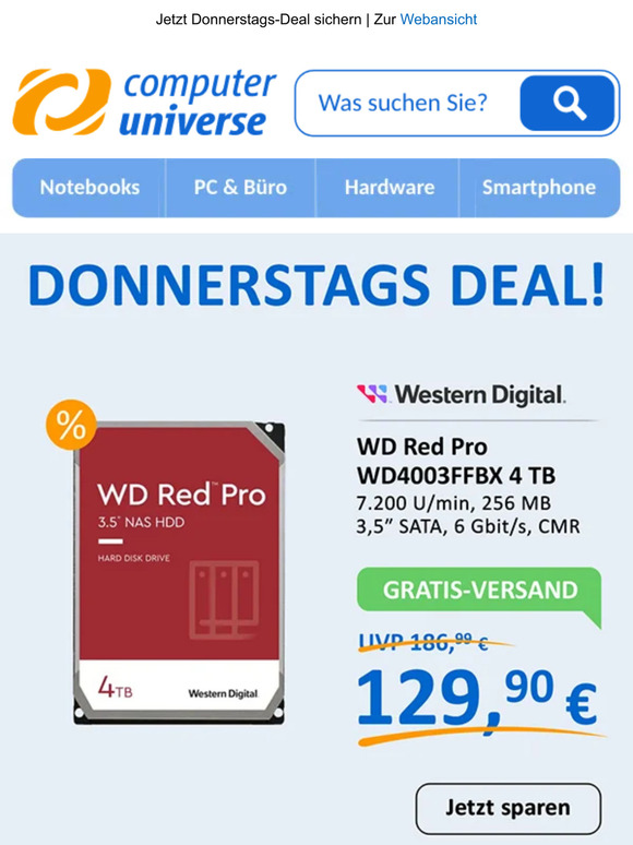 Computeruniverse: Heute günstiger: WD Red Pro 4 TB nur 129,90 Euro | Milled