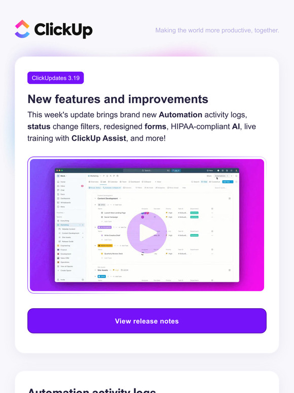ClickUp: Automation activity logs, status change filters, redesigned ...
