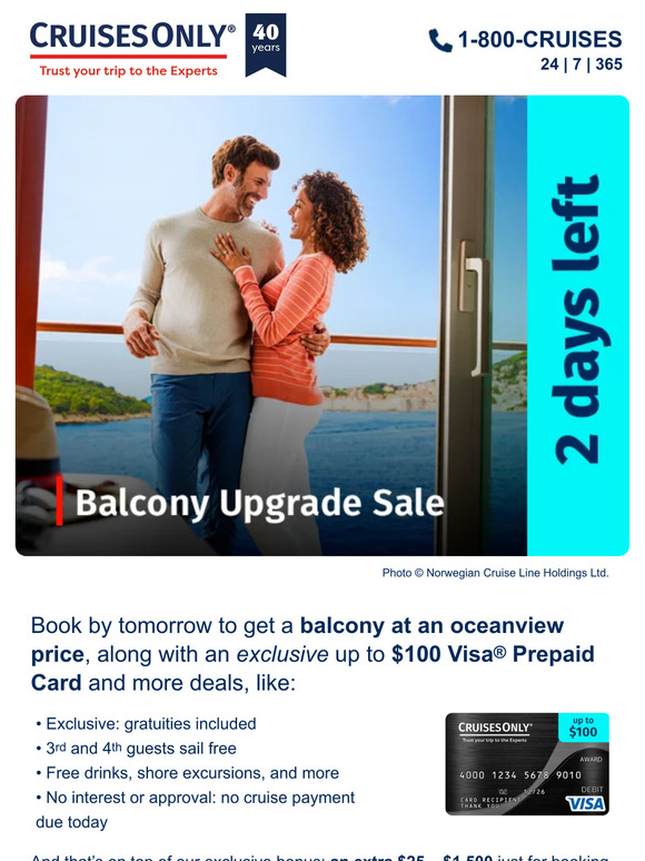 CruisesOnly: Balcony Upgrade Sale ends soon: book from $69/night | Milled