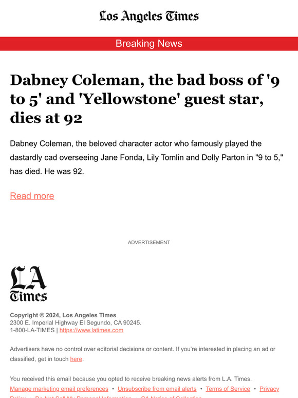 Los Angeles Times: Dabney Coleman, '9 to 5,' 'Tootsie' actor dies at 92 ...