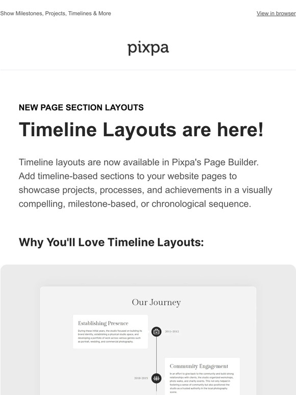 Pixpa: 🎉 New - Timeline Layouts to Showcase Progress | Milled
