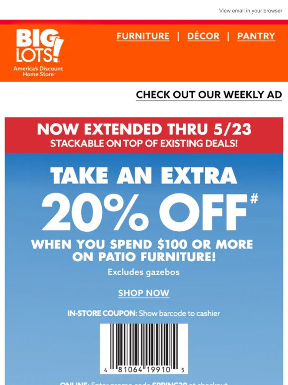 Big Lots: EXTENDED: 20% Off $100+ on Patio! | Milled
