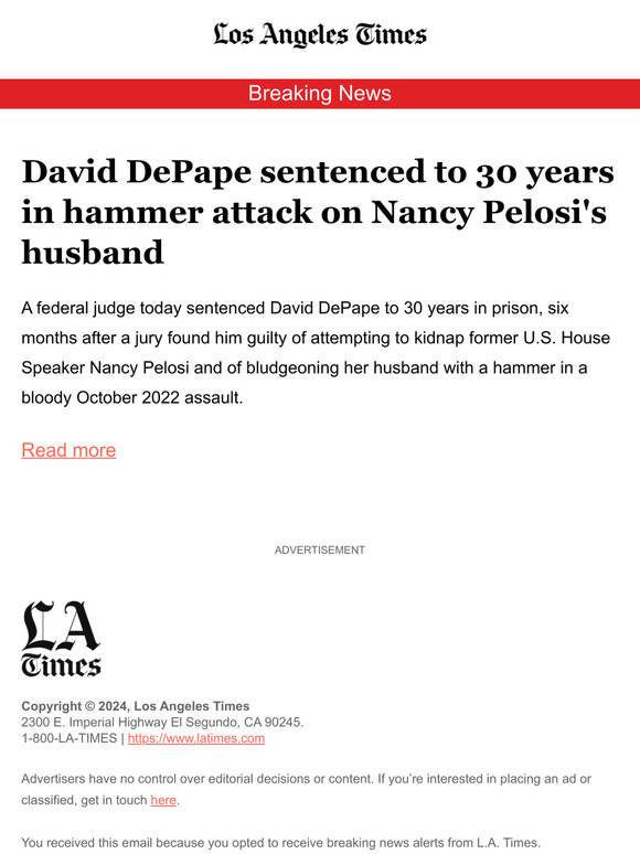 Los Angeles Times: David DePape sentenced to 30 years in hammer attack ...