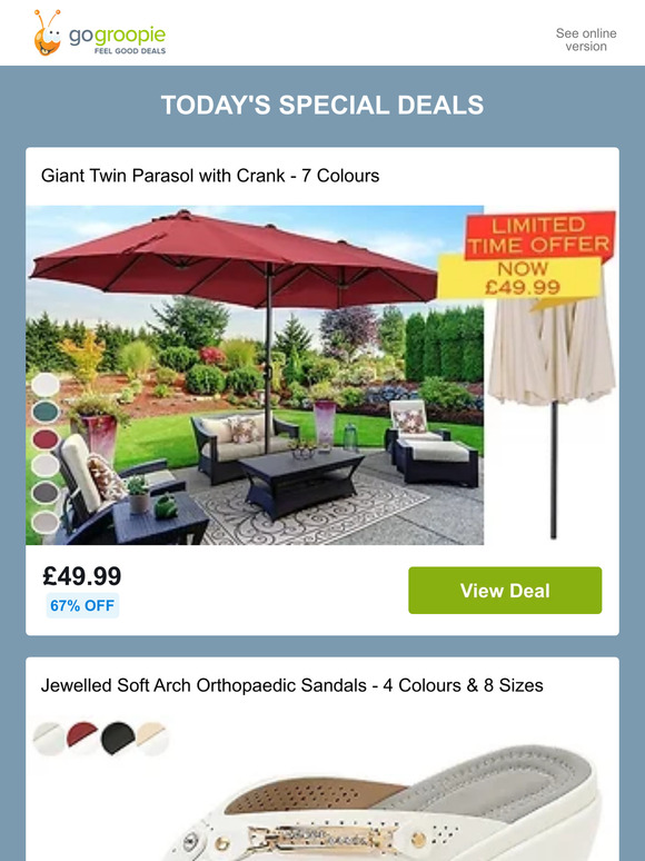 Go Groopie: Giant Twin Parasol NOW £49.99! | Jewelled Orthopaedic ...