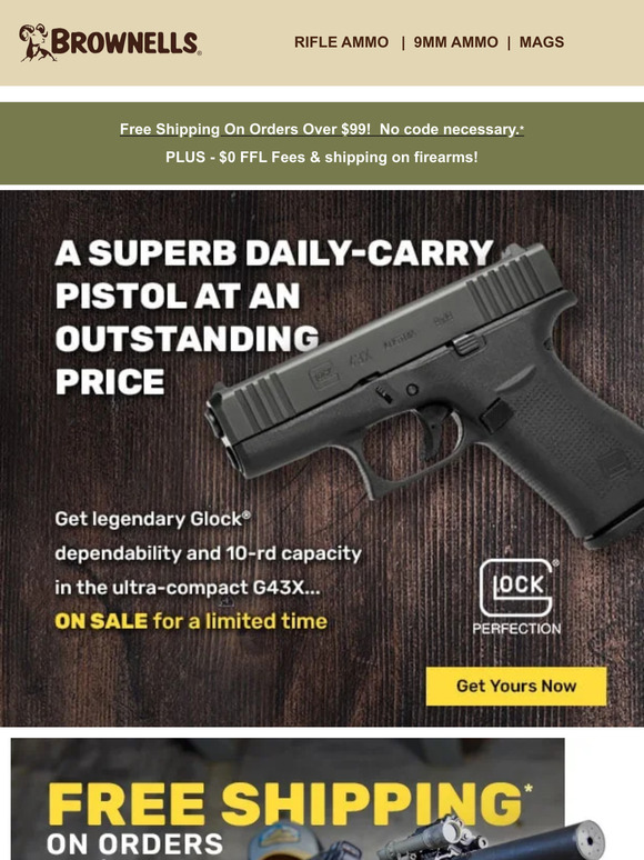 Brownells: Glock® G43X ultra-compact pistol ON SALE now | Milled