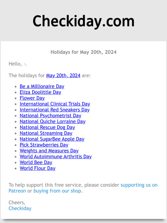 Checkiday: Holidays for May 20th, 2024! 📅🎉 | Milled