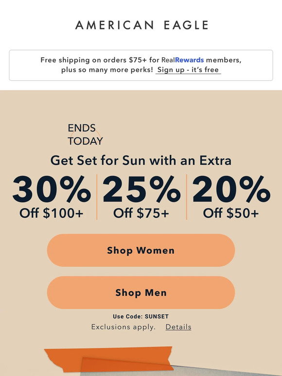 American Eagle: The sun's setting on this sale! 🌇 Up to extra 30% off ...