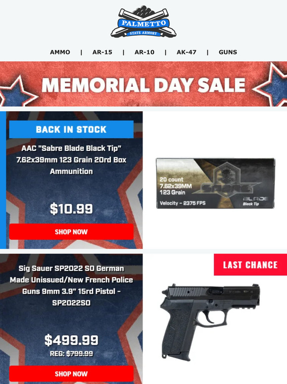 Palmetto State Armory: Memorial Day Ammo Deals! | PMC .223 Rem 55gr FMJ $8.99/Box | AAC 7.62x39 ...