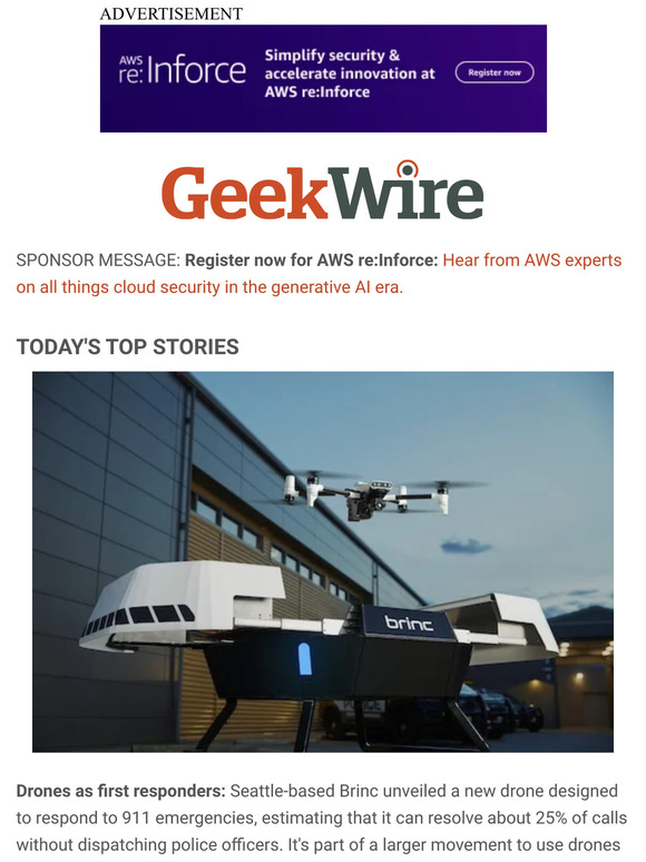 GeekWire: Brinc’s new 911 response drones | Sen. Cantwell unveils AI ...