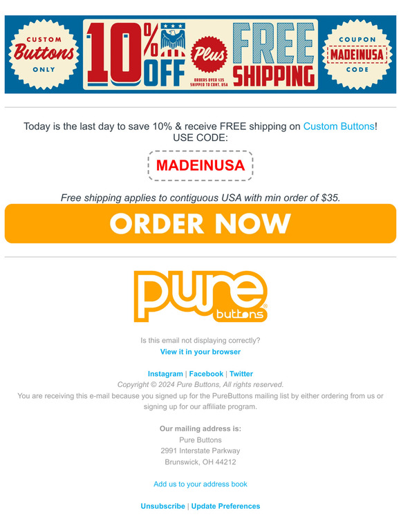 Pure Buttons: ENDS TODAY! 10% & FREE SHIPPING on Custom Buttons | Milled