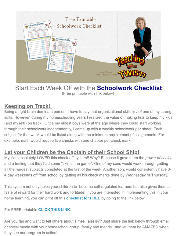 Times Tales: Free Printable Schoolwork Checklist 👍 | Milled
