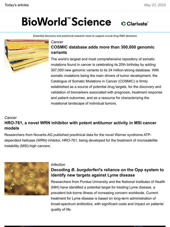 BioWorld: Full edition: COSMIC expansion; new Lyme disease target and ...