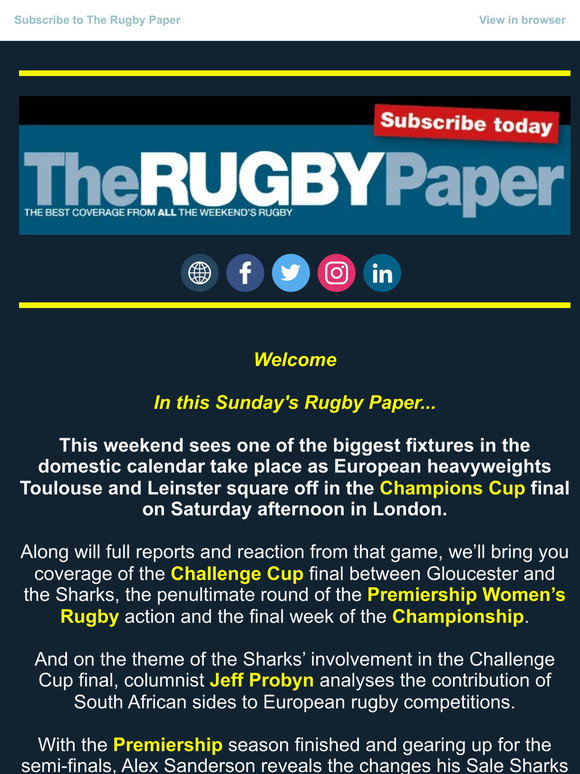 The Rugby Paper: IN SUNDAY'S RUGBY PAPER > European Cup Finals reaction ...