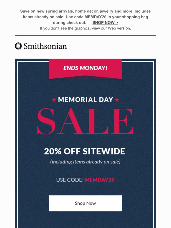 Smithsonian Store: Memorial Day Sale - 20% off Sitewide! | Milled