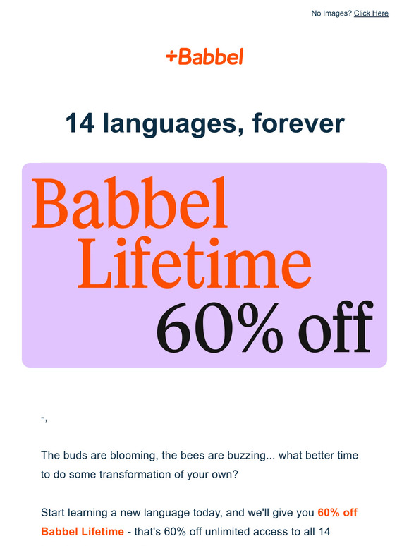 Babbel: 🌐 Hello, —! Your exclusive 60% off Babbel Lifetime offer is inside 💌 | Milled