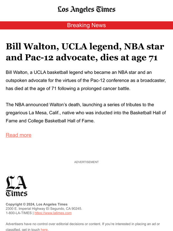 Los Angeles Times: Bill Walton, UCLA legend, NBA star and Pac-12 ...