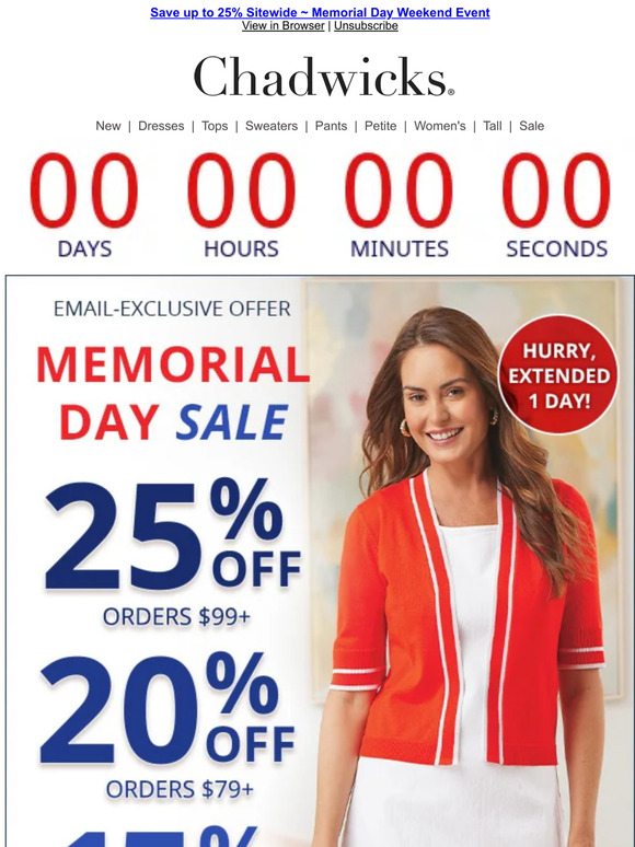 CHADWICKS™: Going, Going, Gone…Save up to 25% until Midnight Only ~ Shop! | Milled