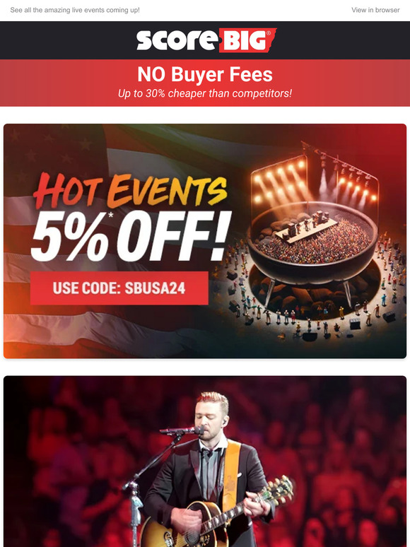 ScoreBig: Extended Memorial Day Savings! / Justin Timberlake / Mike ...