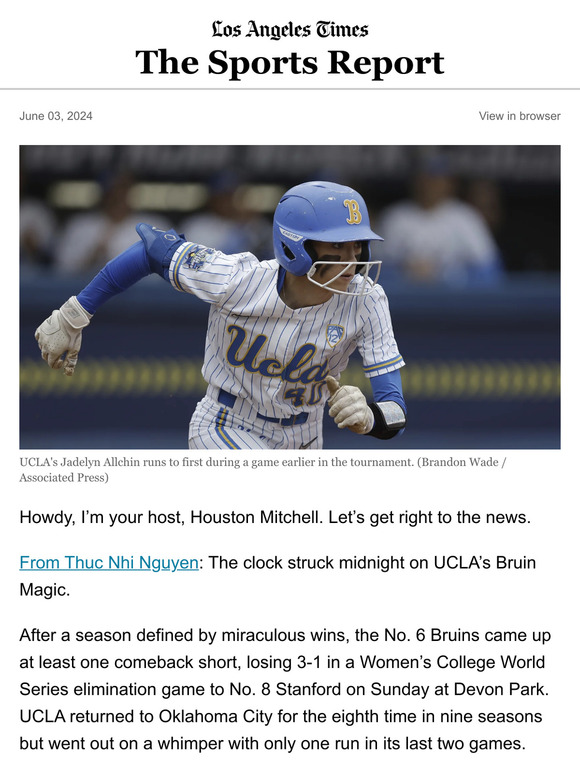 Los Angeles Times: The Sports Report: UCLA softball's season comes to ...