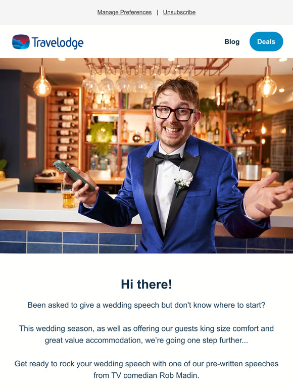 Travelodge: Off to a wedding & need some speech inspo? TV comedian Rob ...