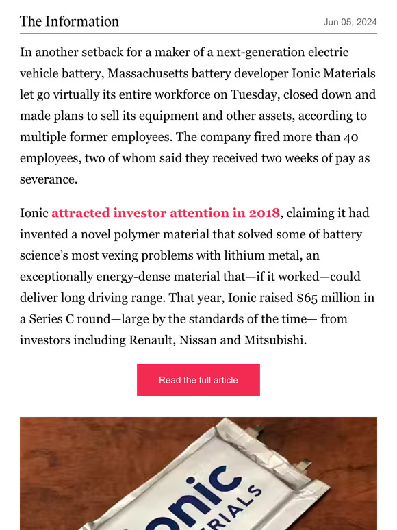 The Information: Next-Gen Battery Developer Ionic Materials Closes Down | Milled