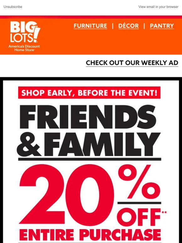 Big Lots: Early Access: Friends & Family Get 20% Off 🌟 | Milled
