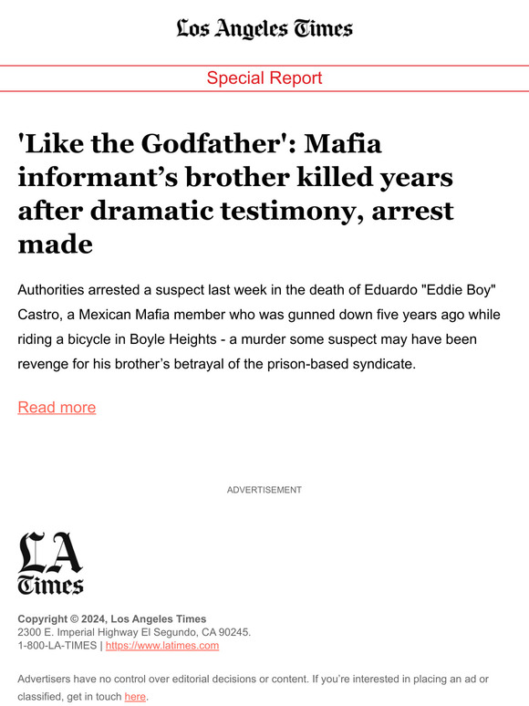 Los Angeles Times: Arrest made in mafia informant death | Milled