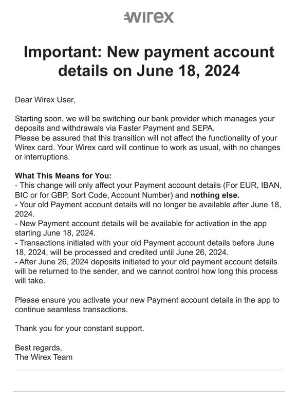Wirex: Important: New payment account details on June 18, 2024 | Milled
