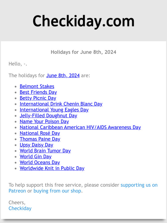 Checkiday: Holidays for June 8th, 2024! 📅🎉 | Milled