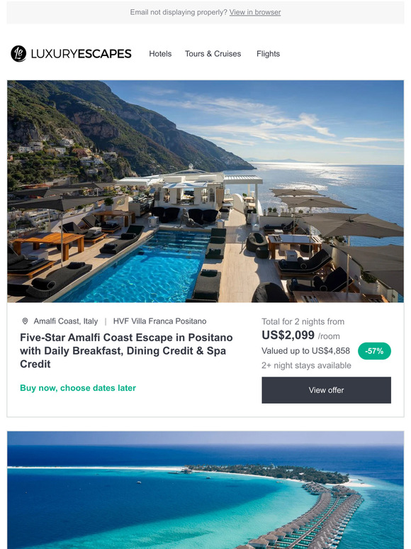 Luxury Escapes: 5-Star Amalfi Coast Escape w. Daily Breakfast & Extras | Maldives: Finolhu All ...