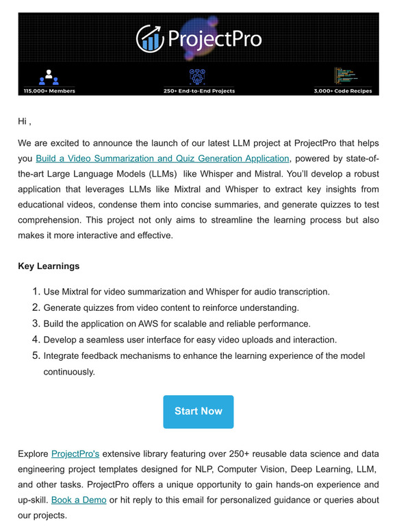 ProjectPro: New LLM Project: Build AI Video Summarization Tool to Generate Quizzes! | Milled