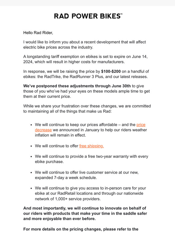 Rad Power Bikes: A message from our CEO on price changes. | Milled