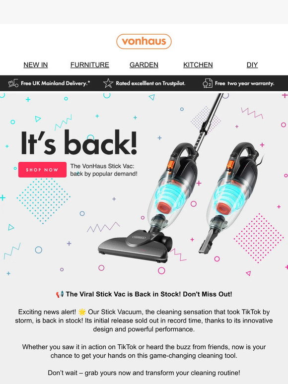 VonHaus: 📢 The viral Stick Vacuum is back! | Milled