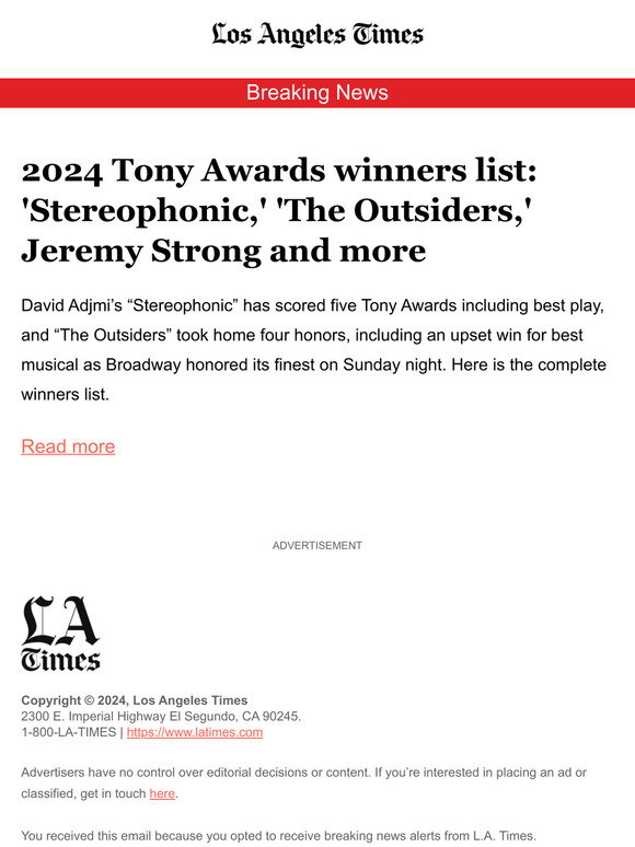 Los Angeles Times: Here is the list of winners for the 2024 Tony Awards ...