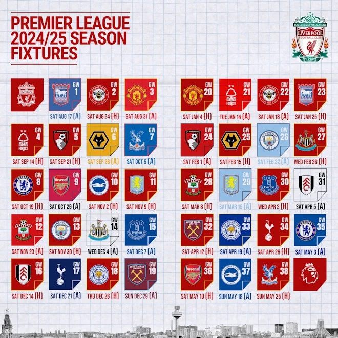 Liverpool FC: Download the 2024-25 LFC Premier League fixtures to your calendar! | Milled
