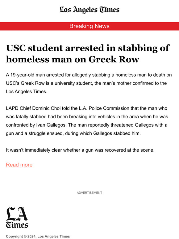 Los Angeles Times: Update: USC student arrested in stabbing of homeless ...