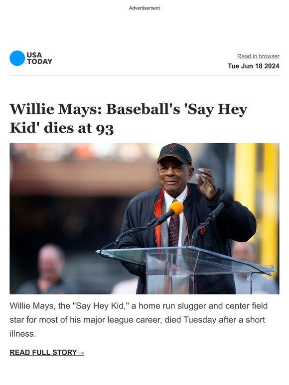 USA TODAY: Breaking: Baseball legend Willie Mays, the 'Say Hey Kid ...