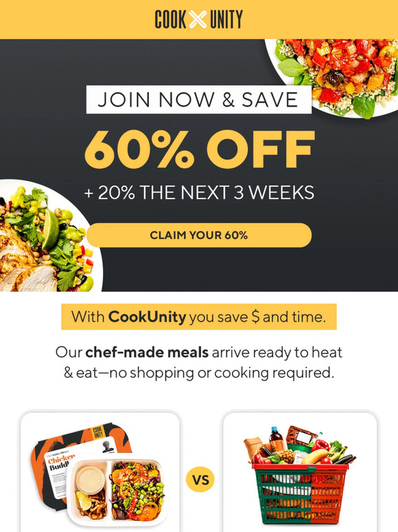 Cook Unity: 📢 60% OFF! Fill your 🛒 with chef-made meals! | Milled
