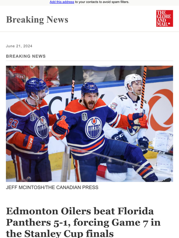 The Globe and Mail: Breaking news: Edmonton Oilers beat Florida ...