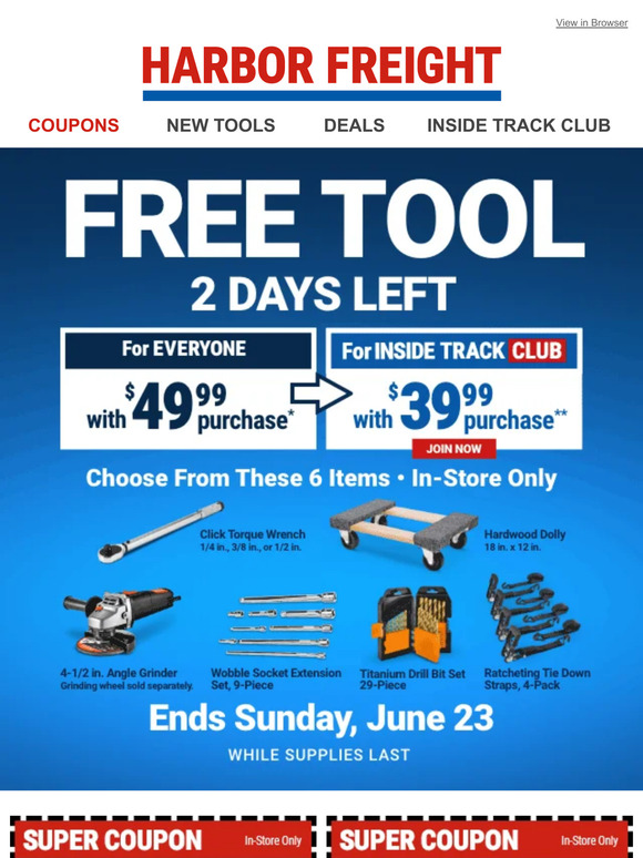 Harbor Freight: Claim Your FREE TOOL with $49.99 In-Store Purchase ...