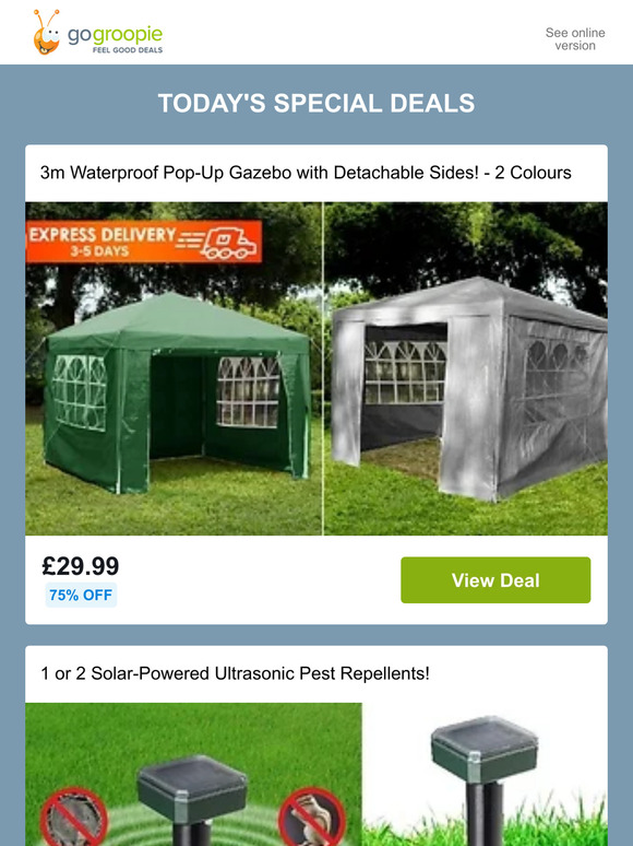 Go Groopie: 3m Waterproof Gazebo £29.99! | Ultrasonic Pest Repellent £4 ...