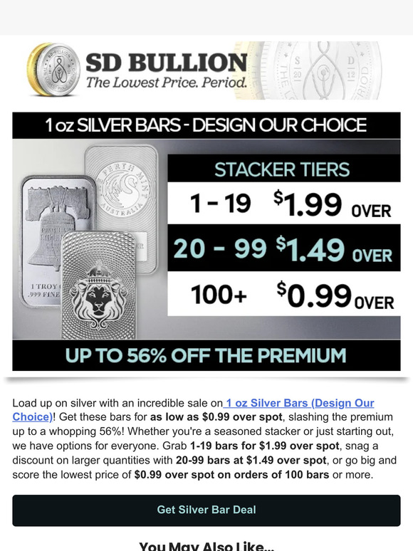 SD Bullion: 👉Silver Sale! 1 oz Bars (Design Our Choice) Up to 56% Off ...