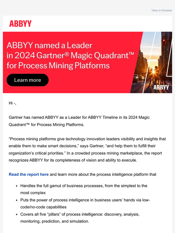 ABBYY: ABBYY named a Leader in the 2024 Gartner® Magic Quadrant™ for Process Mining Platforms ...