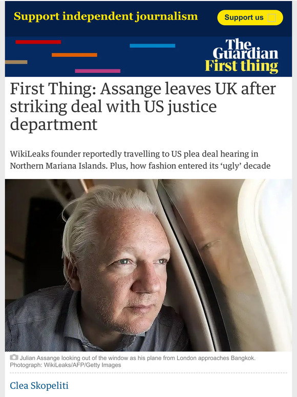 The Guardian: First Thing: Assange leaves UK after striking deal with ...