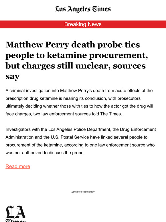 Los Angeles Times: Matthew Perry death probe ties people to ketamine ...