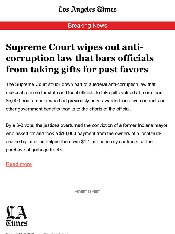 Los Angeles Times: Supreme Court wipes out anti-corruption law that ...