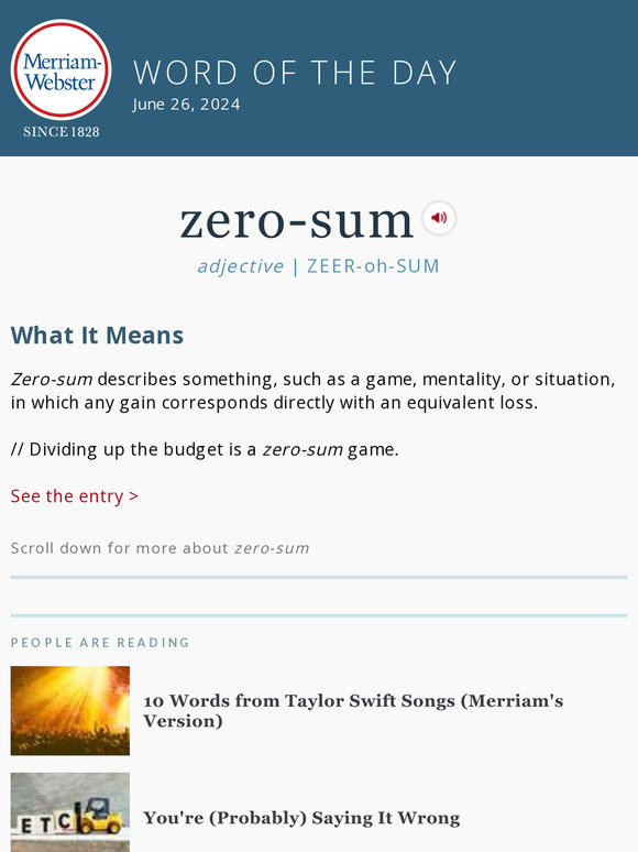 Merriam-Webster: Zero-sum - plus, 10 Words from Taylor Swift Songs ...