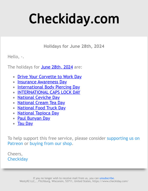 Checkiday: Holidays for June 28th, 2024! 📅🎉 | Milled